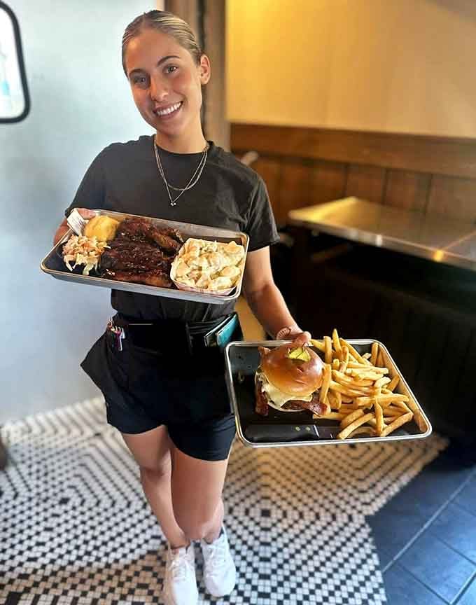 Smiling staff, two loaded trays, and the kind of energy that makes you want to come back next weekend.