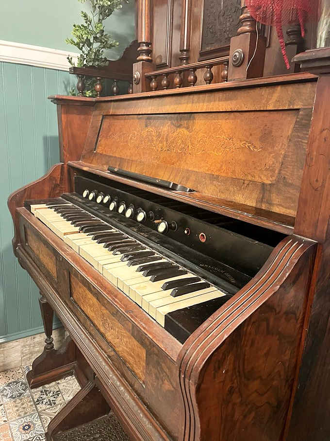 An antique organ adds unexpected character, reminding us that history lives in the most delightful details.