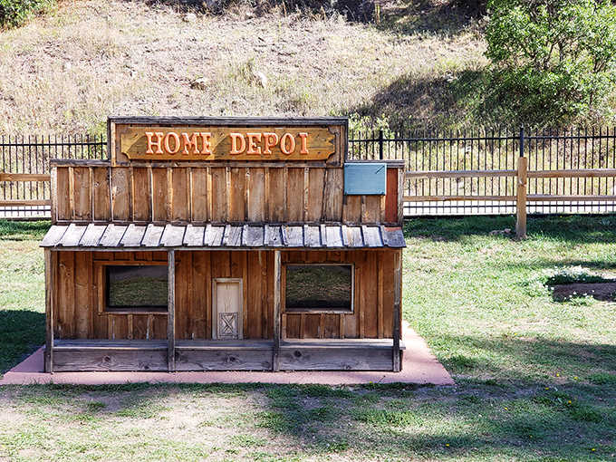 The Wild West meets modern retail humor with this rustic wooden Home Depot, proving nobody outgrows a good hardware store joke.