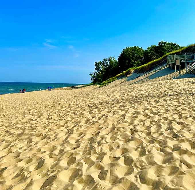 Miles of pristine shoreline where the sand is soft and the water is surprisingly clear for a Great Lake.