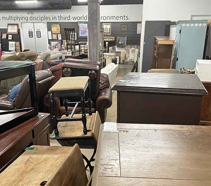 Furniture pieces arranged like a showroom, proving secondhand doesn't mean second-rate when it comes to home decor.