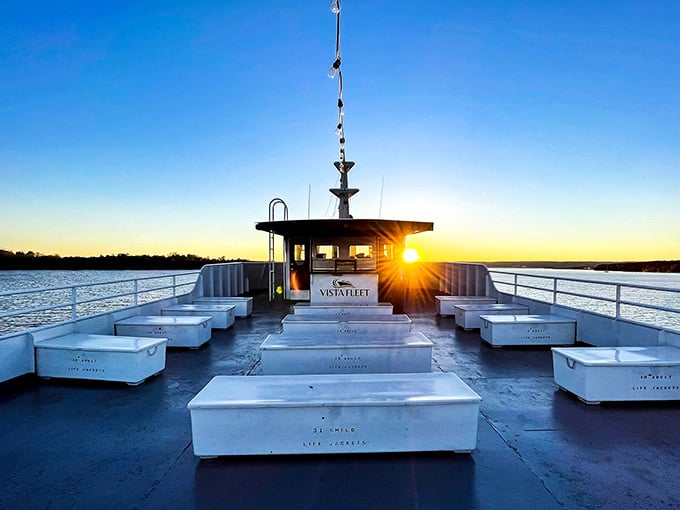 The open deck at golden hour, perfectly empty and waiting. This is what a good evening looks like.