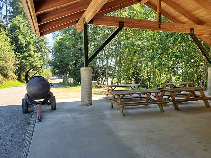 A covered pavilion with long picnic tables and a big smoker. Group gatherings just got an upgrade.