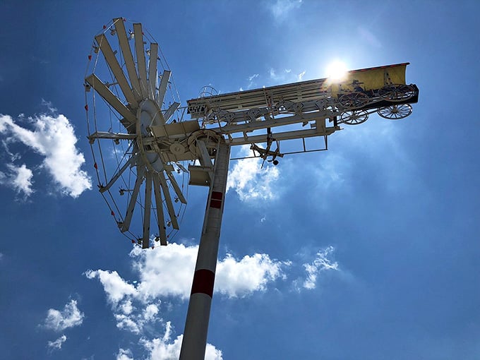 A mule train, spinning in the breeze, built from salvaged parts. Folk art doesn't get more purely American than this.