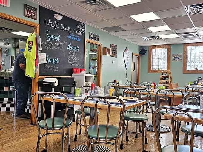 That chalkboard listing soups, specials, and desserts is basically the cafe's daily love letter to its regulars.