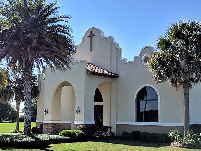 Clean lines, warm light, and a cross against a perfect Florida sky. Peaceful in every sense.