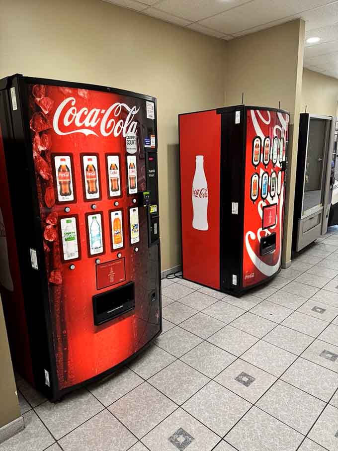 Vending machines stand ready for that mid-shopping sugar rush we all pretend we don't desperately need.