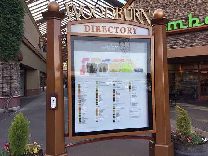 The Woodburn directory sign, your treasure map for navigating over 110 stores without losing your mind or your group.