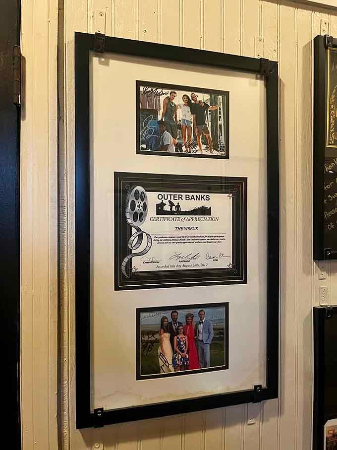 A framed certificate of appreciation from the Netflix show Outer Banks, proof that even Hollywood knows where the good food lives.