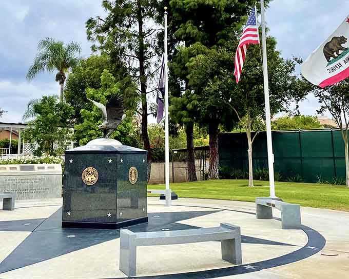 A bronze eagle, three flags, and a quiet dignity that stops you in your tracks. Yorba Linda honors its veterans with genuine heart.