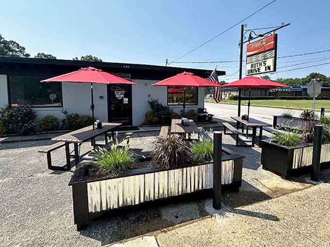 Three bright red umbrellas standing at attention outside Ruth's Drive-In make this Hartsville spot look like a backyard cookout you're always invited to.