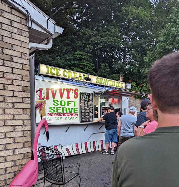 That pink flamingo standing guard beside the crowd at Livvy's Soft Serve is the quirkiest, most lovable mascot in all of Maryland.
