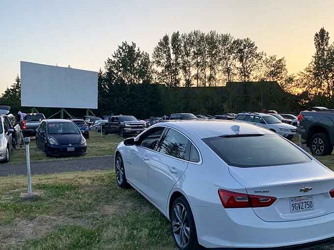 Sunset behind the screen, cars settling in for the night. This is the Oregon evening you didn't know you needed.