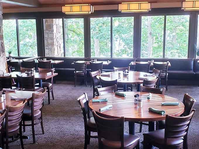 Comfortable booths, warm lighting, and windows framing Deep Creek Lake&mdash;this is where you settle in for the long haul.
