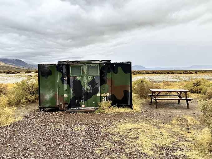 A camouflage restroom facility and a picnic table, because roughing it still deserves a place to sit down.