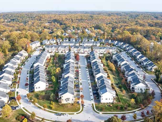 Autumn wraps this Arnold neighborhood in gold and crimson, turning an ordinary aerial view into something that belongs on a calendar.