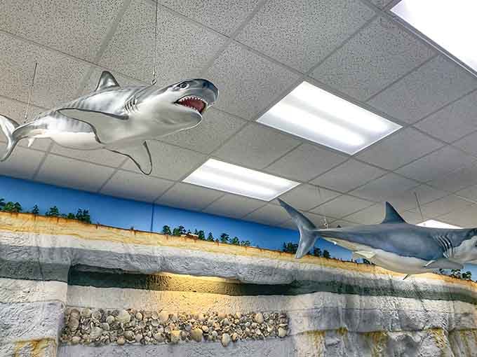Shark models overhead that remind you exactly why you should be grateful these particular swimmers are long extinct.