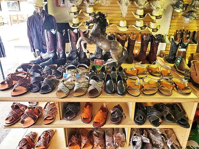 Leather sandals and cowboy boots side by side, because Kentucky knows that good footwear is never an accident.