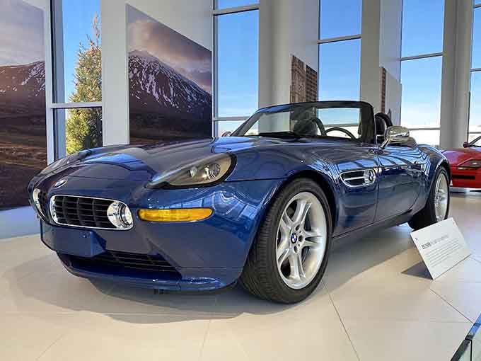 The Z8 roadster gleams under museum lighting, looking like it just drove off a movie set in Monaco.