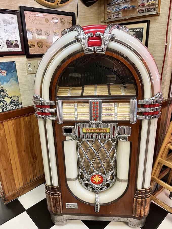 A genuine Wurlitzer jukebox standing tall &mdash; the most beautiful appliance in any room it has ever entered.