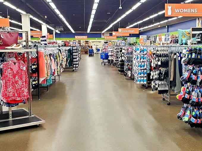 Wide, clean aisles with clear signs overhead, making the hunt feel surprisingly civilized and fun.