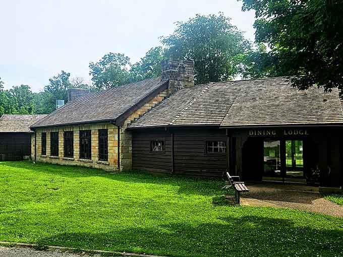 The Dining Lodge's dark timber and stone chimney say exactly what you need after a long morning outdoors: sit down, eat.