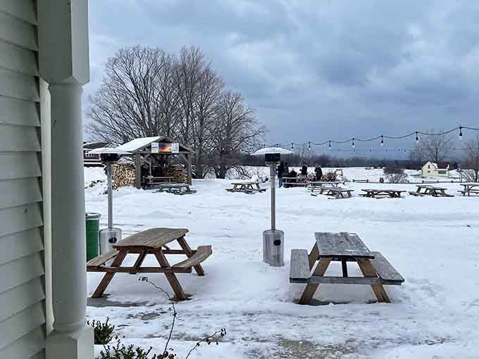 Snow-covered picnic tables, string lights, and patio heaters standing tall. Bier's Inwood proves that winter just needs better company.