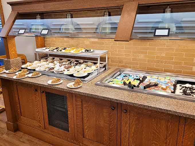 That dessert counter is the most beautiful problem you'll face all week, too many choices, zero regrets.