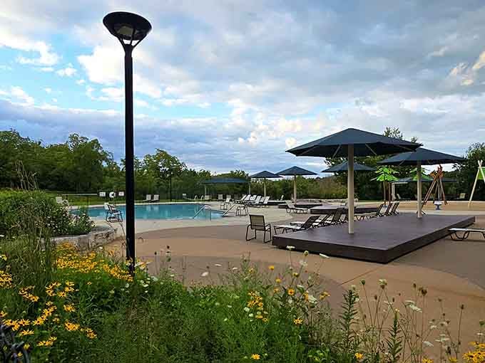 Lounge chairs, umbrellas, and a sparkling pool surrounded by wildflowers. Turns out paradise has a Wisconsin zip code.
