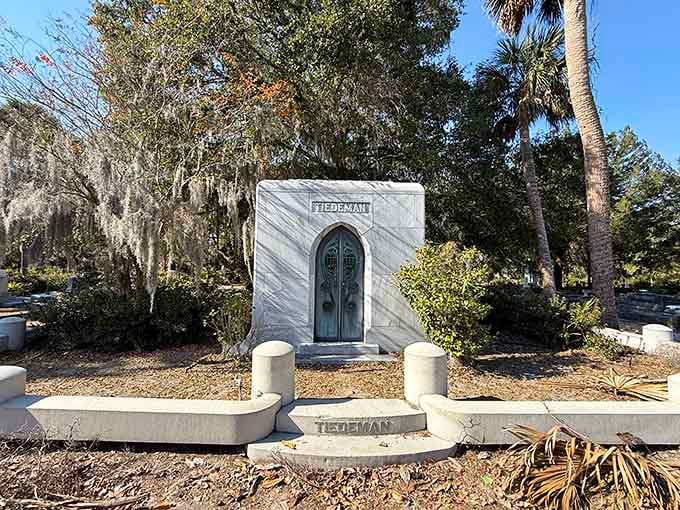 The Tiedeman mausoleum's arched Gothic door makes you wonder what the interior decorator was going for, and honestly, respect it.
