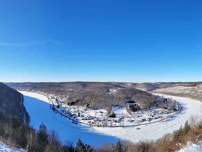 A frozen Allegheny River in winter transforms Brady's Bend into a scene so pristine it looks digitally enhanced, but it is not.