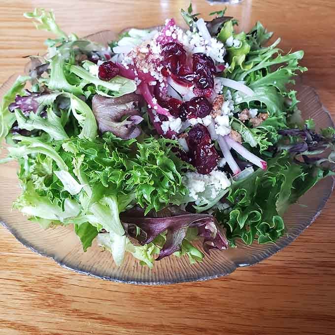 Fresh spring greens with cranberries and feta, looking bright and cheerful. Even the salad here has good energy.