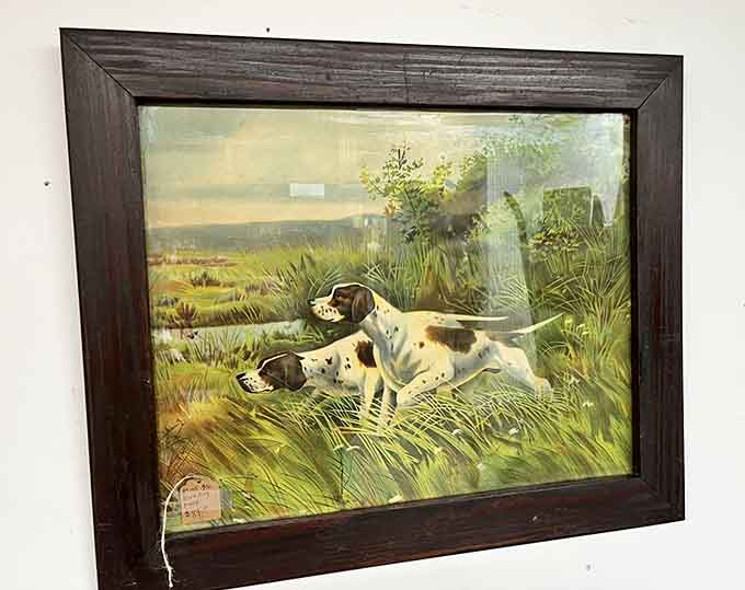 Two hunting dogs frozen mid-point in a richly framed vintage print, patient, focused, and honestly better behaved than most people you know.