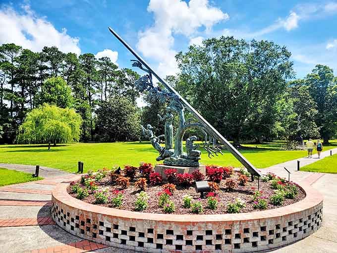 This striking sculpture reaches skyward with symbolic weight, reminding visitors that great art makes you think and feel.