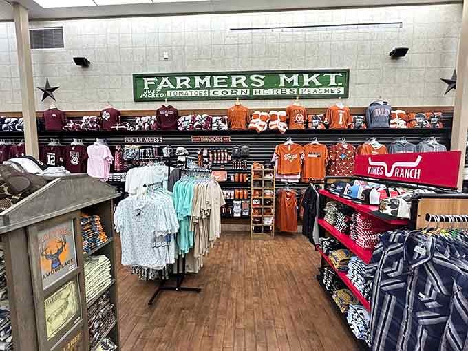 Texas pride runs deep here, with Longhorns and Aggies gear sharing shelf space in true Lone Star spirit.
