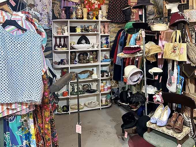 Vintage blouses, retro hats, and kitten heels, this clothing corner is a time machine with good taste.
