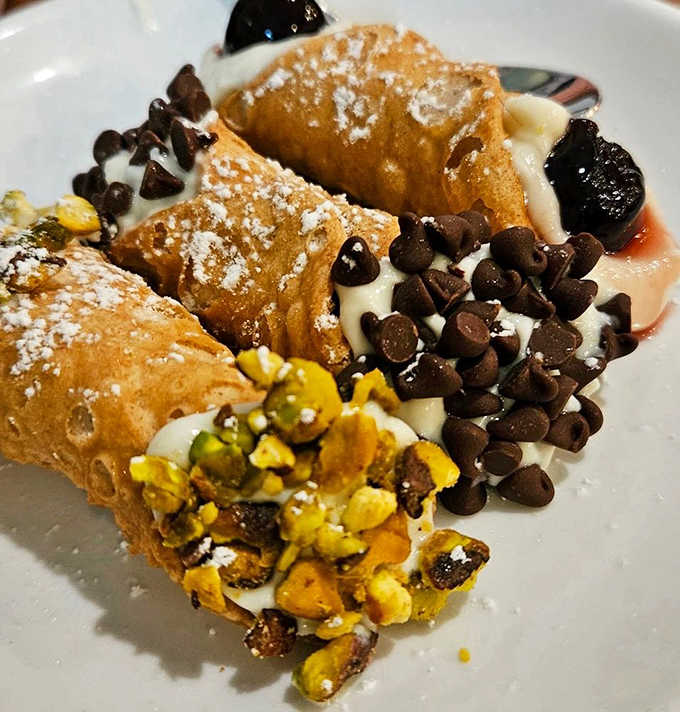 Cannoli filled with sweet ricotta and studded with chocolate chips, pistachios, and zero regrets whatsoever.