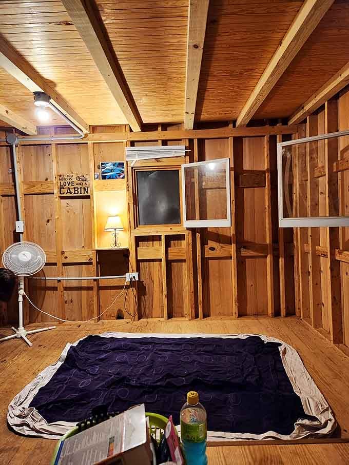 Cozy interior with all the wood paneling your heart desires and none of the 1970s basement energy.
