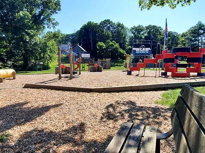 A playground where kids can be kids while parents contemplate the simple joy of community spaces done right.