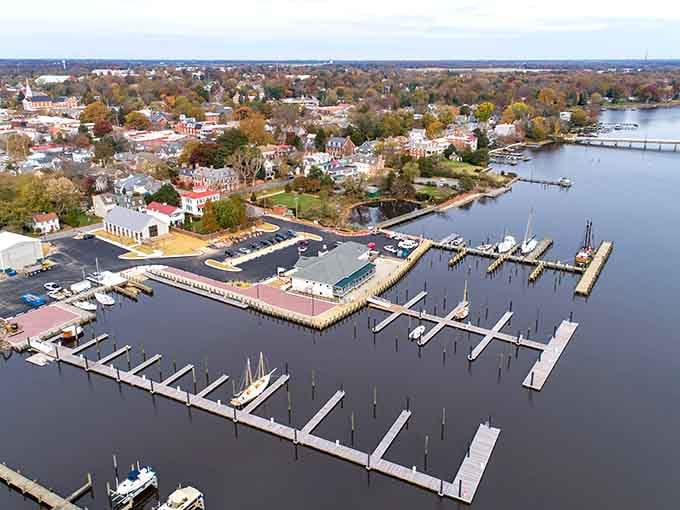 Marina slips stretch into the Chester River like fingers reaching toward the Chesapeake Bay beyond.