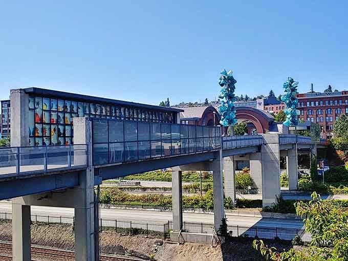 From the outside, the bridge tells the whole story: color, structure, and pure Pacific Northwest ambition on full display.