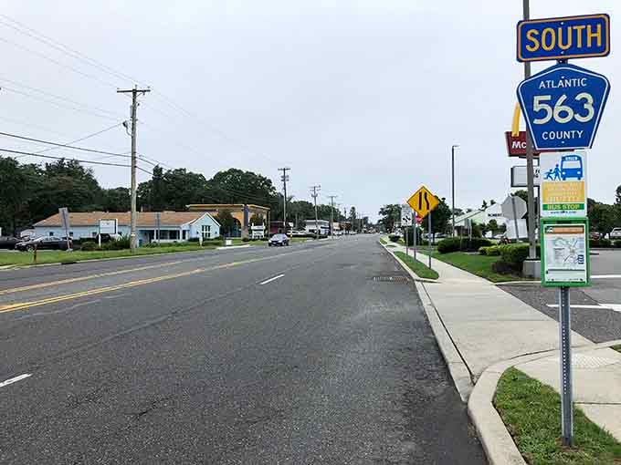 Small-town commercial strips appear occasionally, offering local businesses without the corporate cookie-cutter monotony.