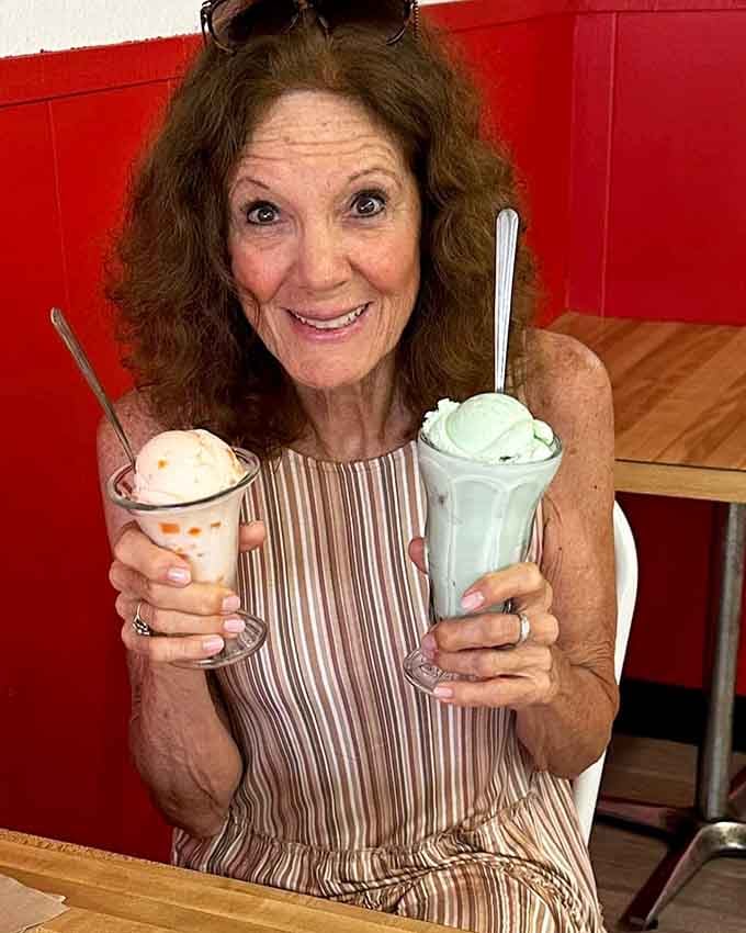 Holding a float in one hand and a shake in the other, this woman has clearly figured out the right approach.