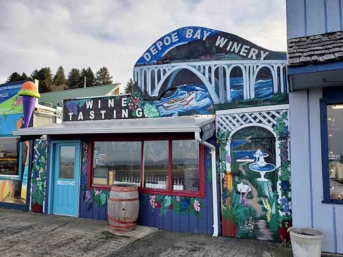 Depoe Bay Winery's colorful exterior is basically the town's most enthusiastic invitation to stop in and stay awhile.