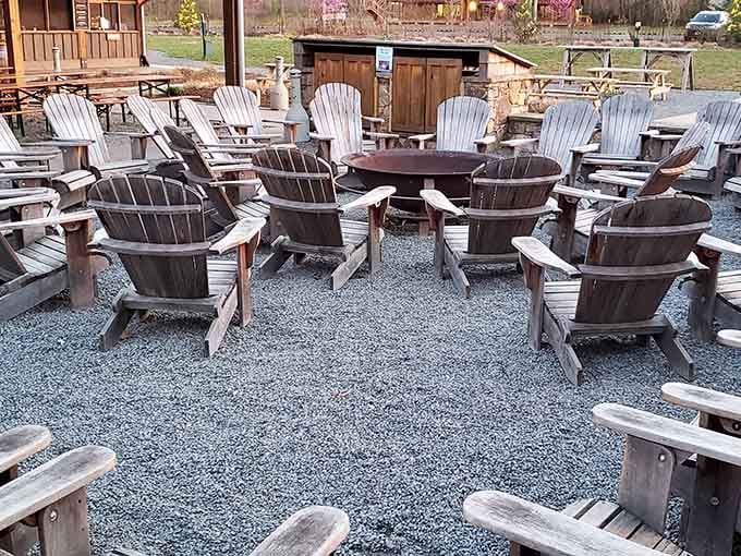 Rows of Adirondack chairs circling a fire pit. This is what retirement should look like, honestly, for everyone.
