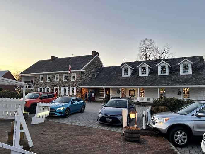 Even the parking lot has character here. Cobblestones and a stone facade make arriving feel like the beginning of something special.