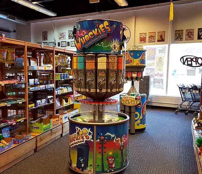 The Whackies Crunchy Candy Factory dispenser stands center stage, looking like the most delicious carnival ride ever invented.