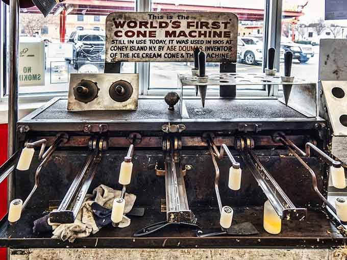 This is the world's first cone machine, still working every single day. Your waffle cone has serious credentials.
