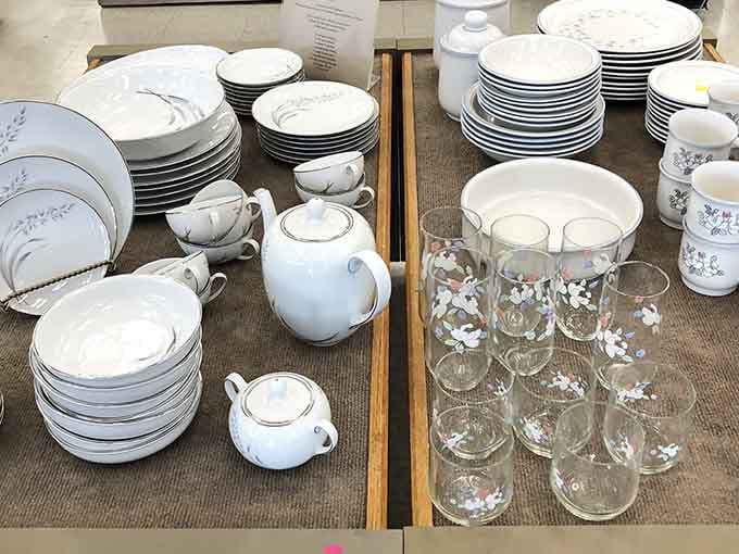 Delicate china sets and floral glassware displayed together, your grandmother would absolutely approve of this particular treasure hunt.
