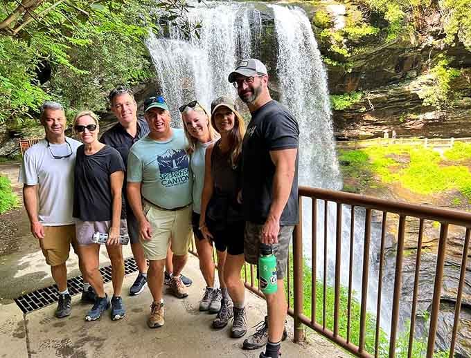 Six friends, one spectacular waterfall, and a photo nobody will ever delete from their camera roll.
